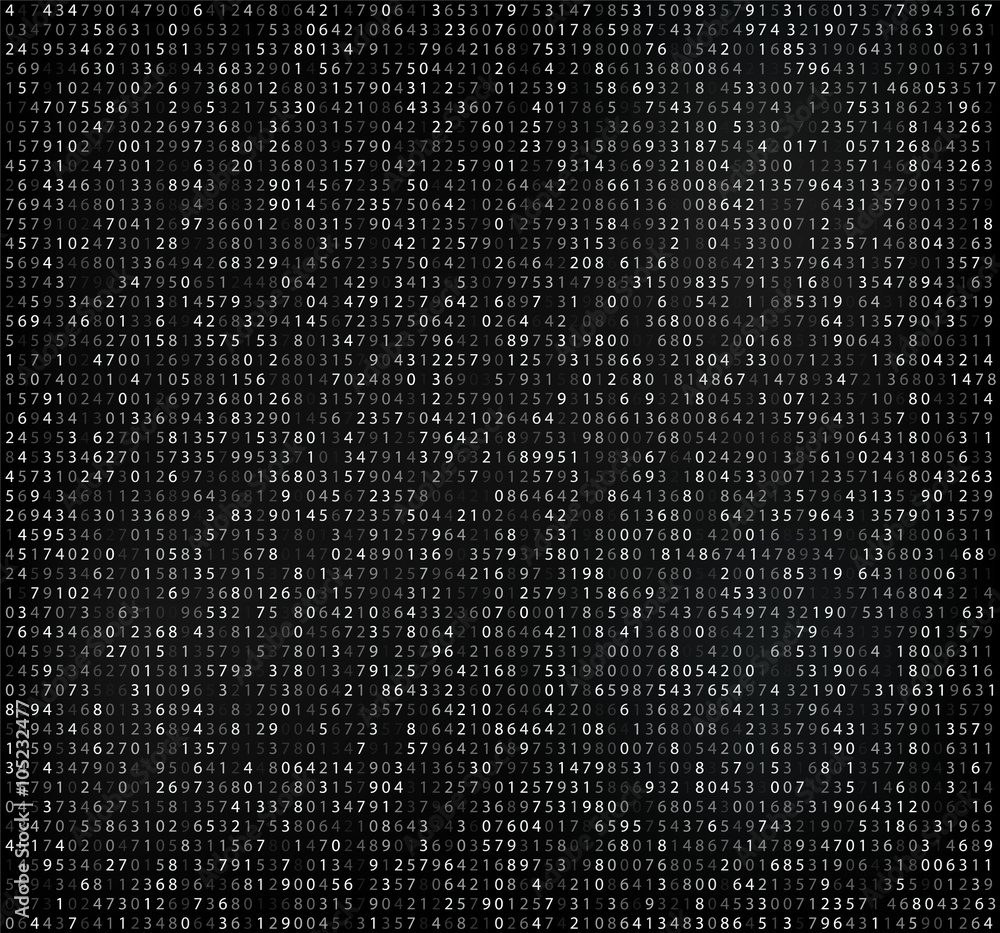 Black matrix background with white digits. Computer code for encrypting and encoding, data code ...