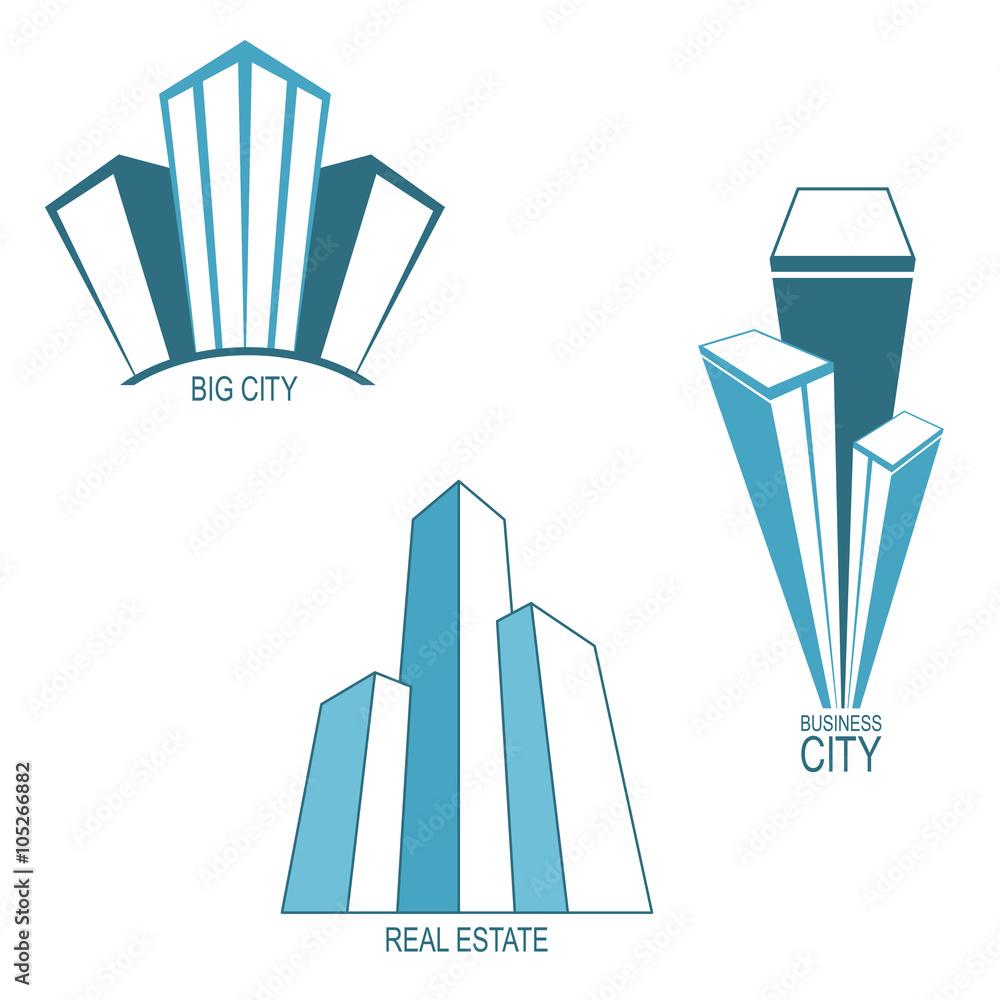 Set of stylized skyscrapers icons and emblems for real estate, modern ...