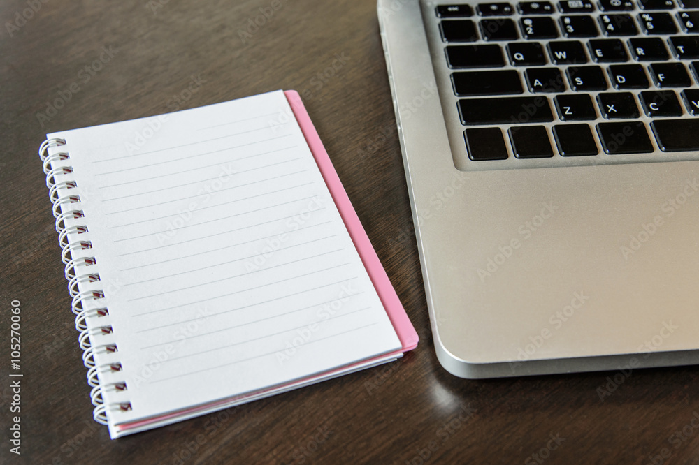 Wood office table with laptop and notebook. Top view with copy s Stock ...