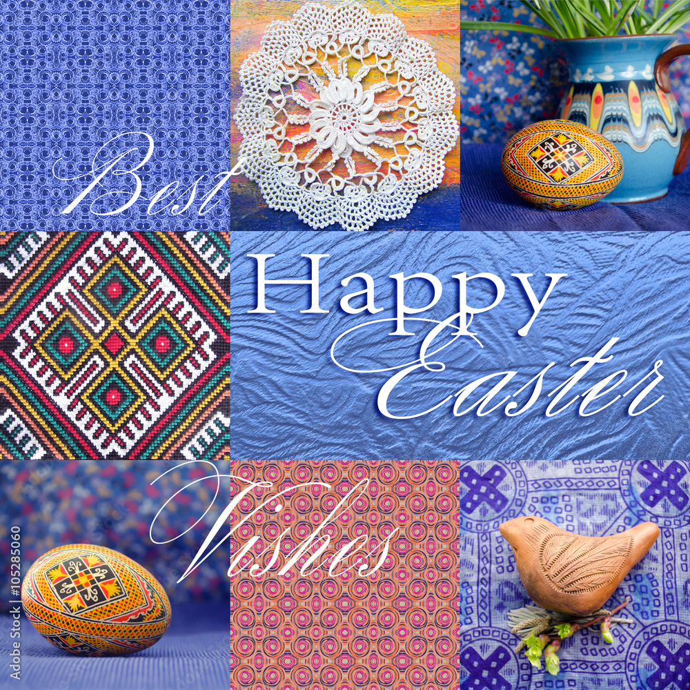 Easter holiday collage with napkin on wooden background, easter egg ...