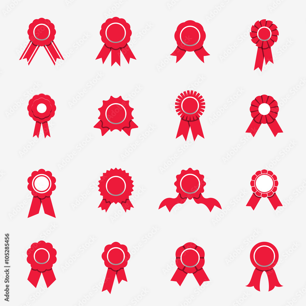 Collection of sixteen red rosette icons in flat style. Symbols of ...