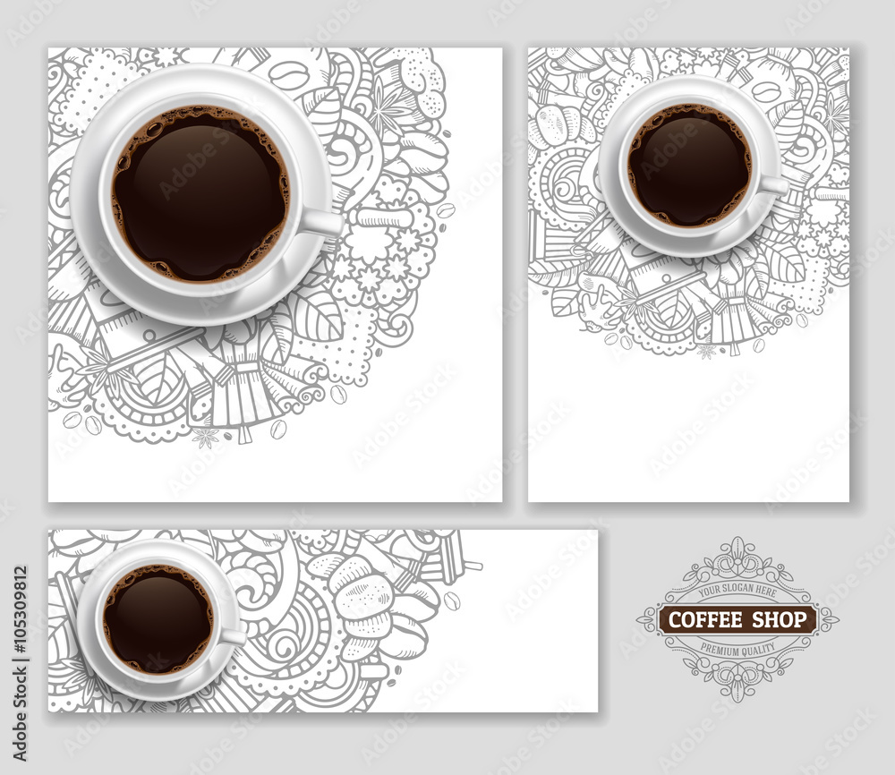 Coffee Designs Templates Set in Outline Hand Drawn Doodle Style with ...