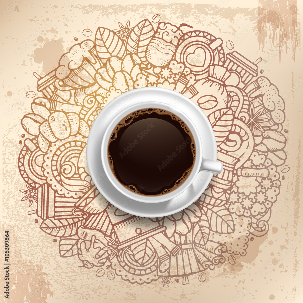 Coffee Round Design in Vintage Outline Hand Drawn Doodle Style with ...