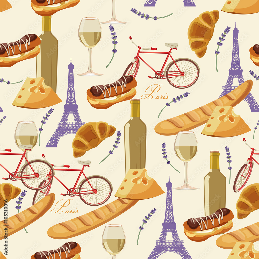 Seamless pattern in french style with food. Background for menu ...