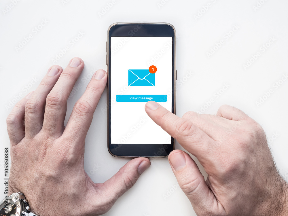 Close up of hands using smartphone with Email app interface on screen ...
