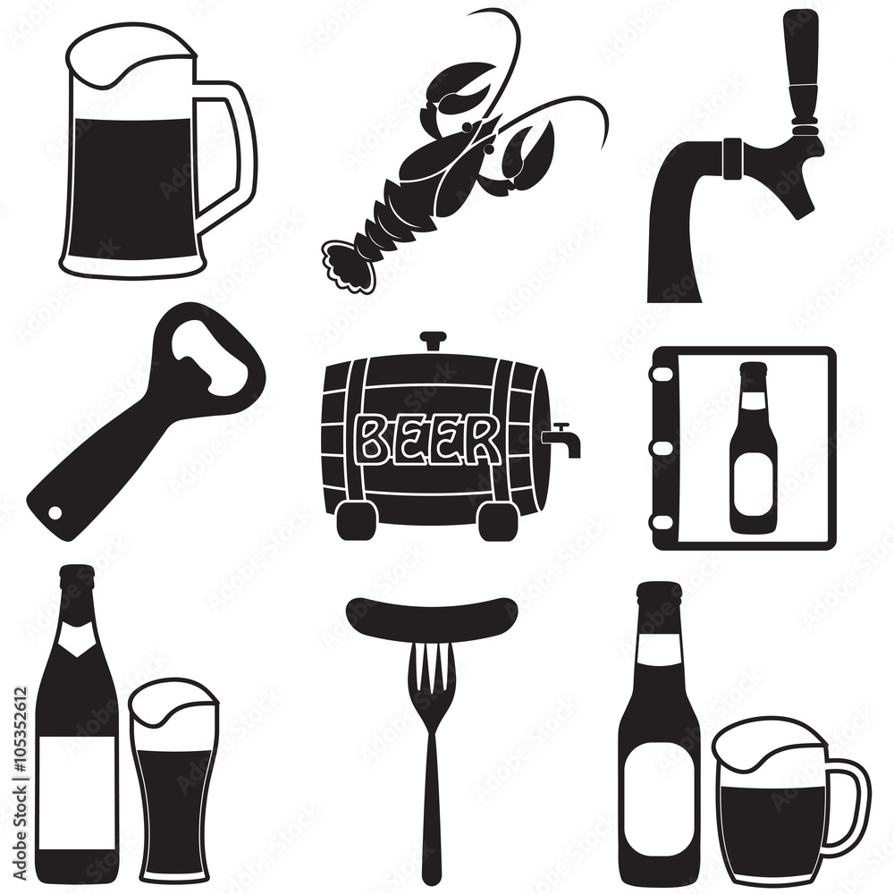 Beer icon set: beer bottle, glass, tap. Vector illustration. Stock ...