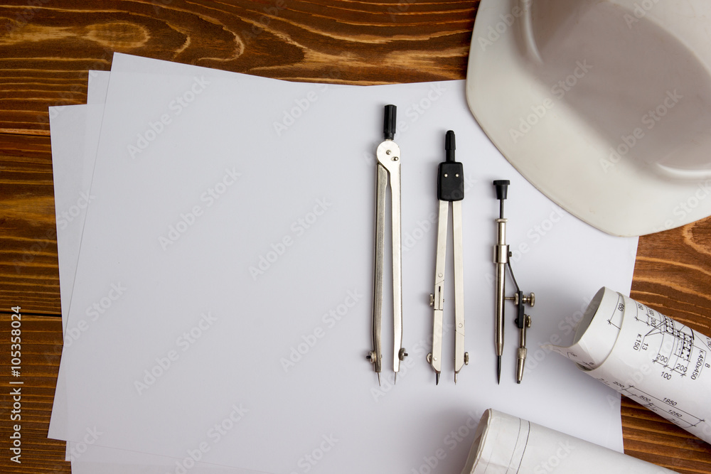 Workplace of architect - Architectural project, plan, blueprint rolls ...