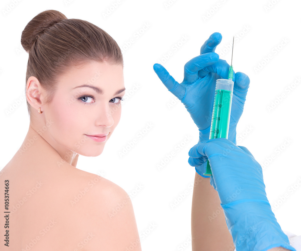beauty and botox injection concept - hands with syringe and youn Stock ...