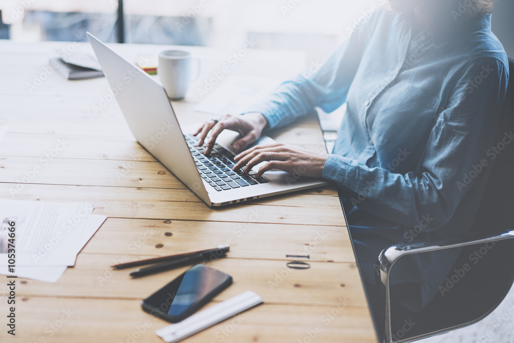 Student work process concept. Young girl working university project ...