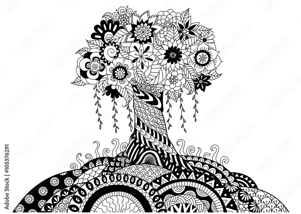 Whimsical tree line art design for coloring book and other decorations ...