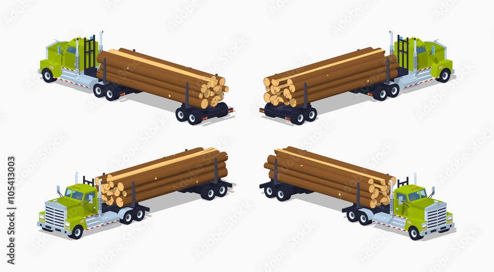 Log truck with the pile of logs. 3D lowpoly isometric vector ...