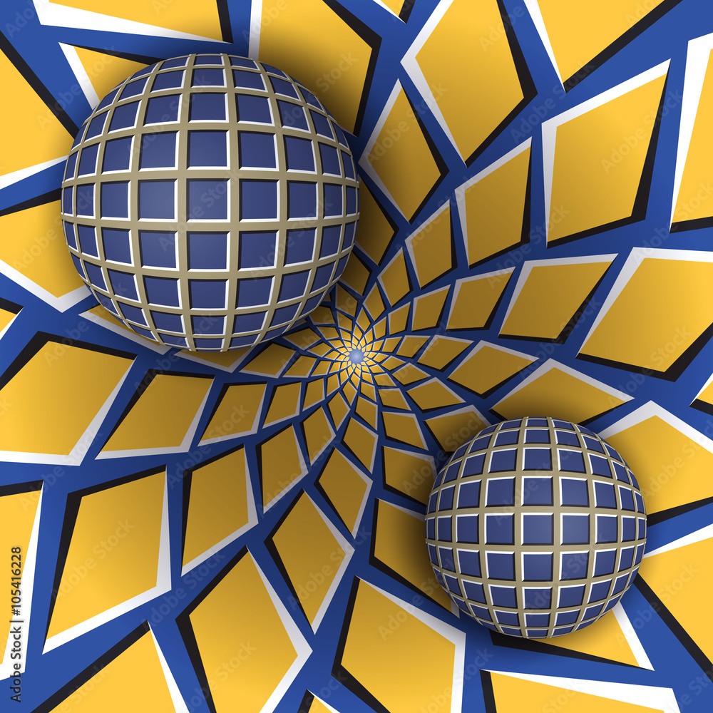 Optical illusion illustration. Two balls are moving on rotating blue ...