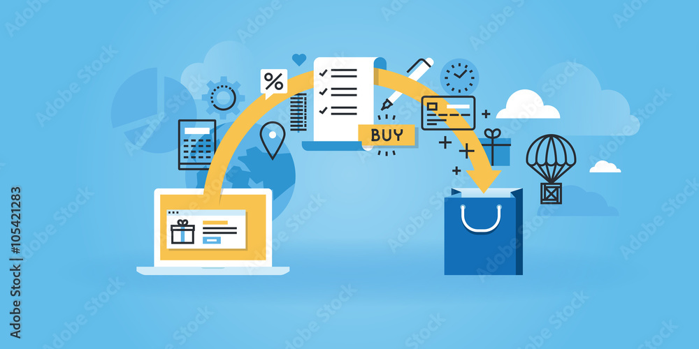 Flat line design website banner of e-commerce. Modern vector ...