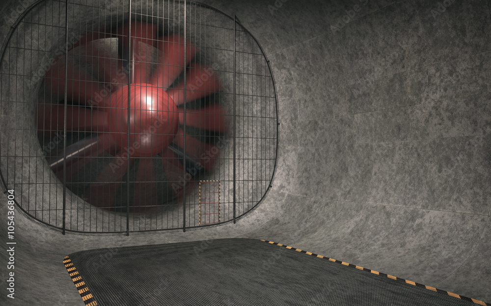 Giant wind tunnel with fan blades spinning. 3D image concept. Stock ...