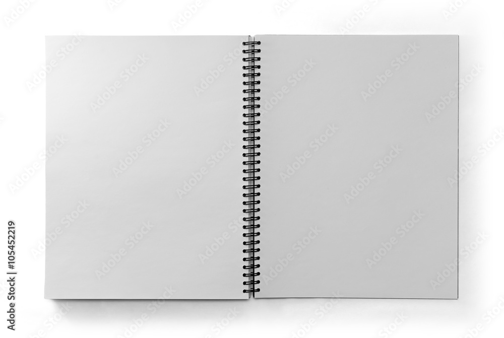 Paper notebook with black metal spring isolated on white background in ...