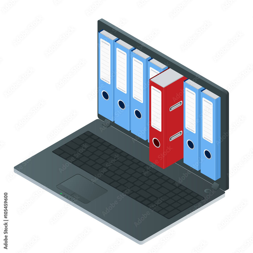 File cabinets inside the screen of laptop computer. Laptop and file ...