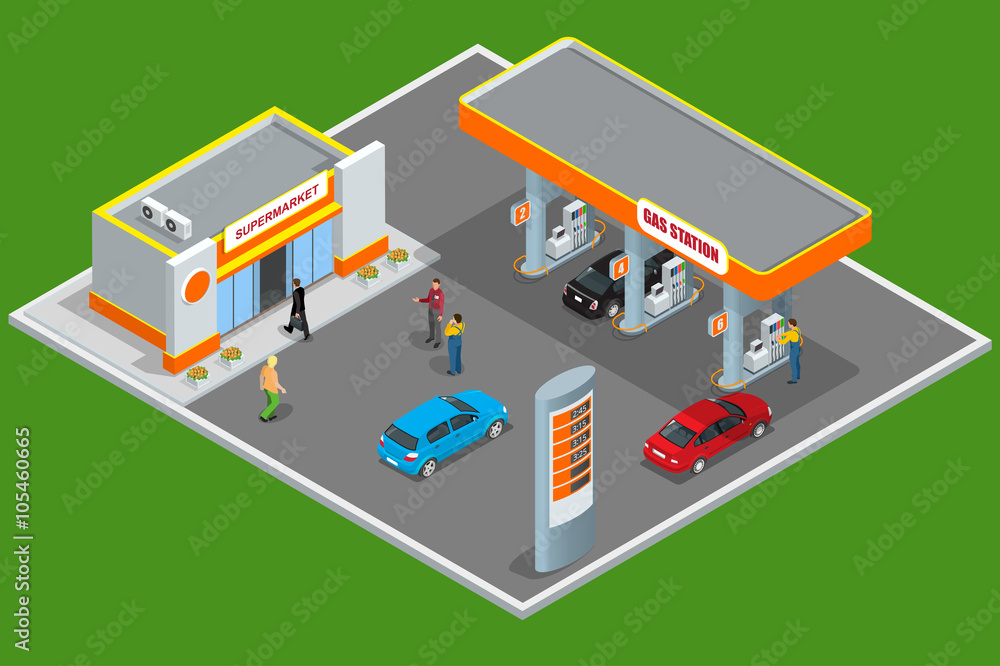 Gas station 3d isometric. Gas station concept. Gas station flat vector ...
