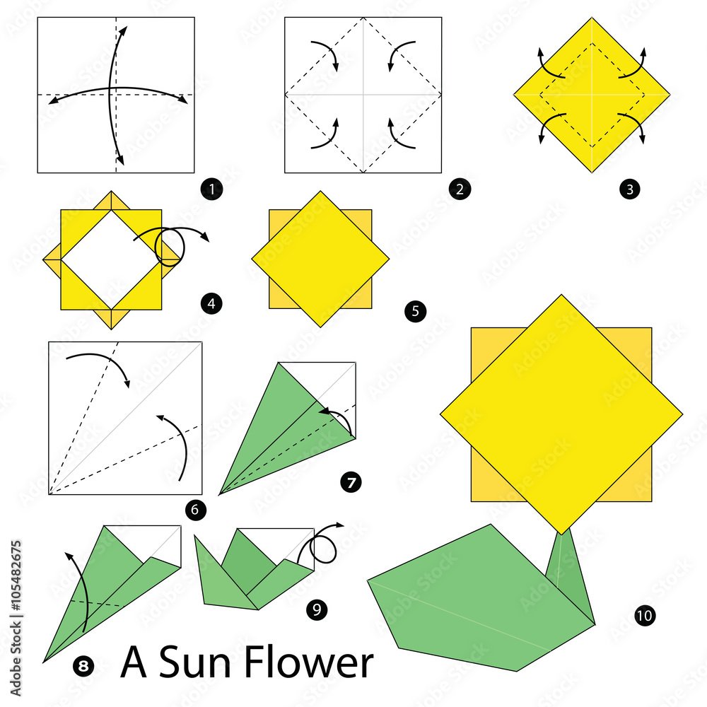 Step by step instructions how to make origami A Sunflower. Stock Vector ...