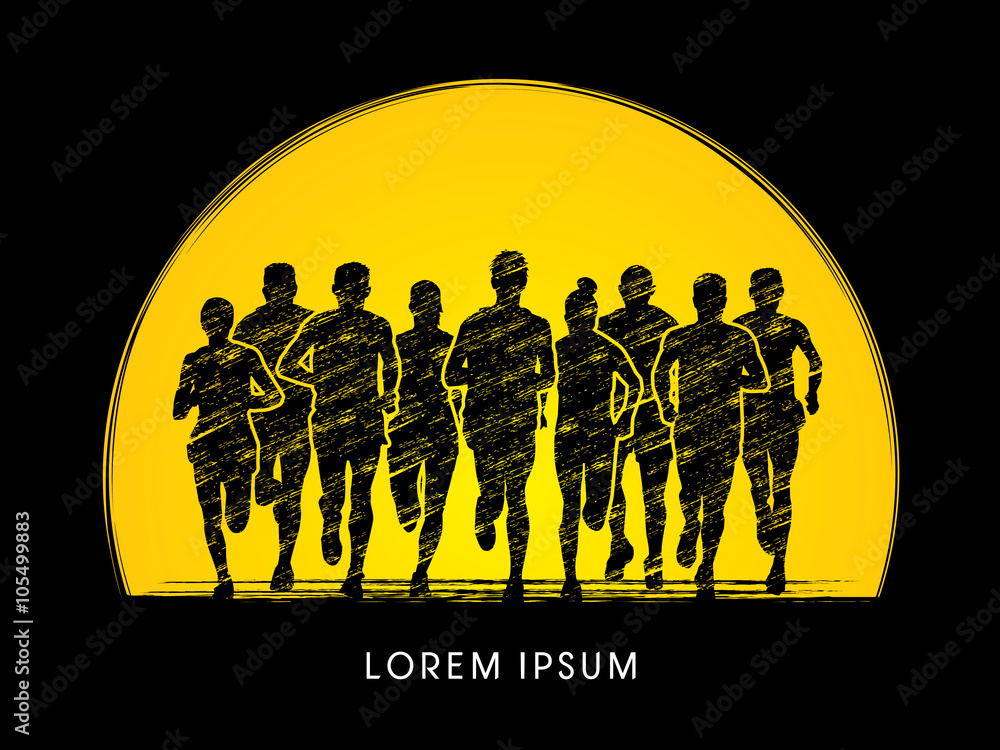 Marathon runners, crowd of people running, designed using grunge brush ...