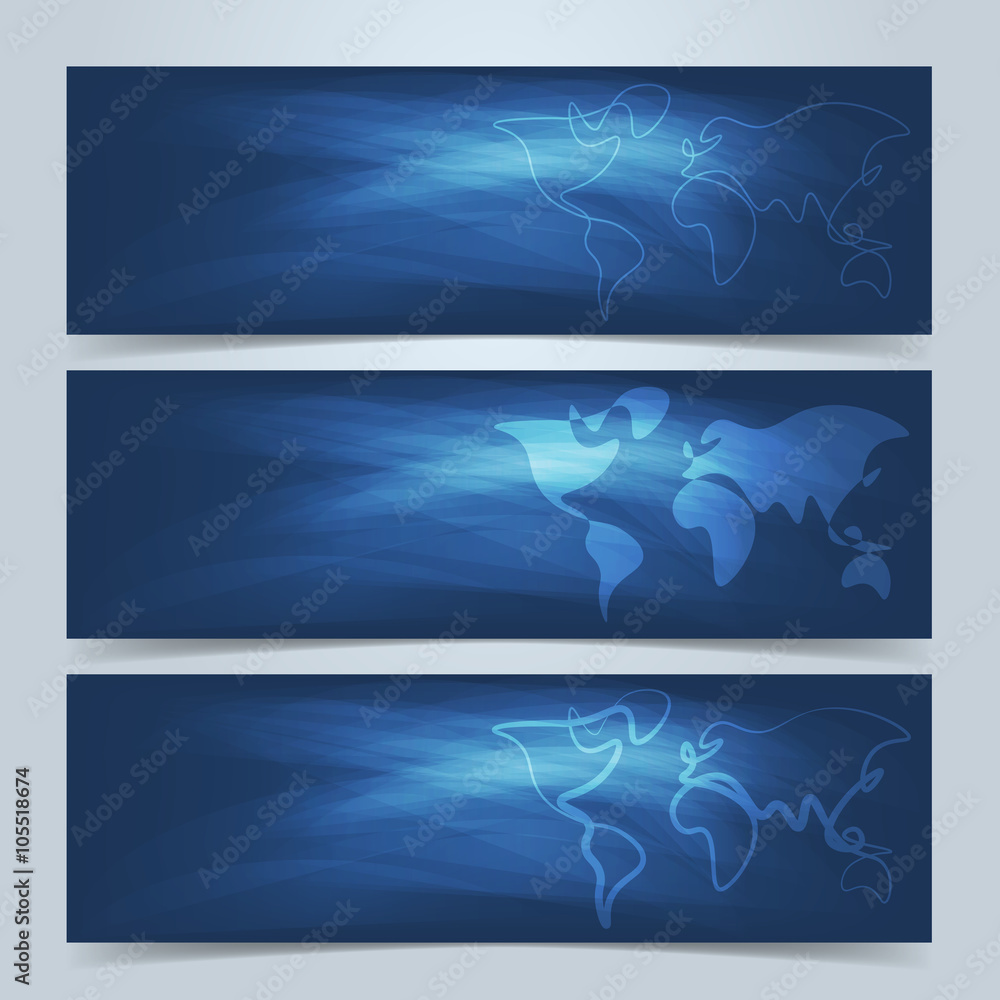 World map banners or website header set. Simplified freehand drawn ...
