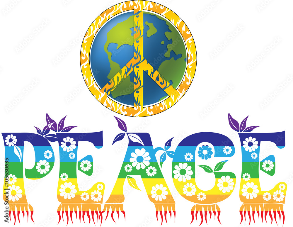 Word Peace - a colorful vector hippie style illustration in rainbow ...