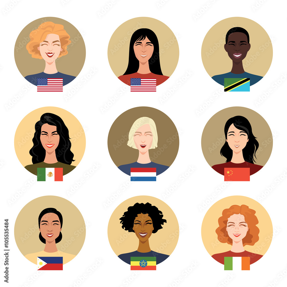 Set of vector icons - people of different nationalities. Women Stock ...