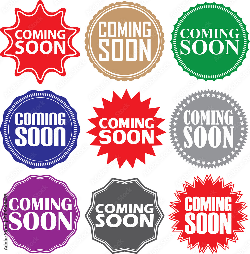 Coming soon signs set, coming soon sticker set, vector illustrat Stock ...