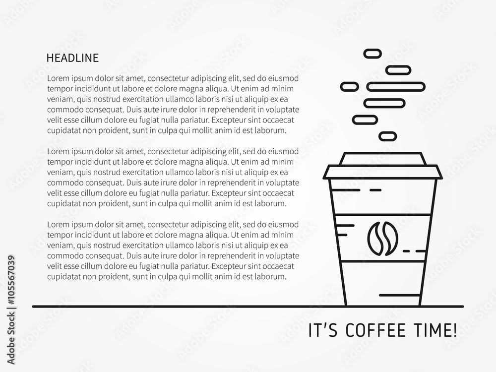 Coffee time linear vector illustration with sample text. Coffee cup ...