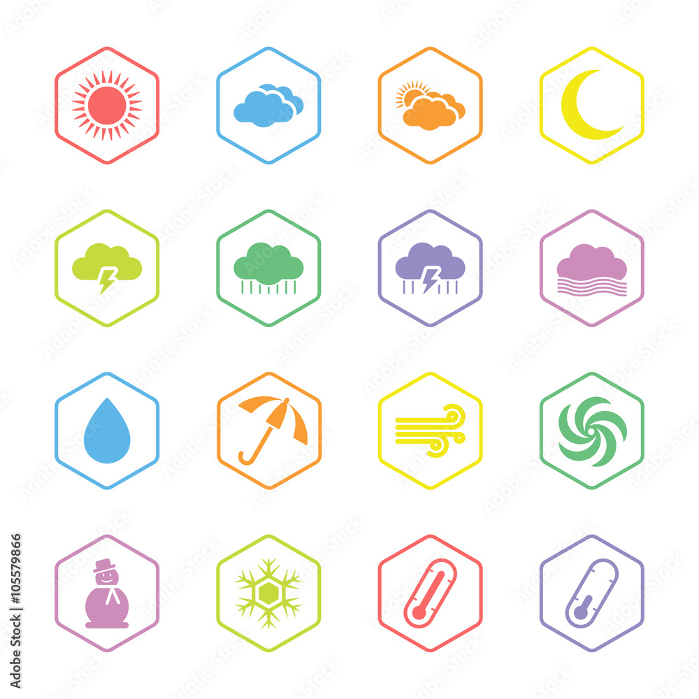colorful flat weather icon set with hexagon frame for web design, user ...