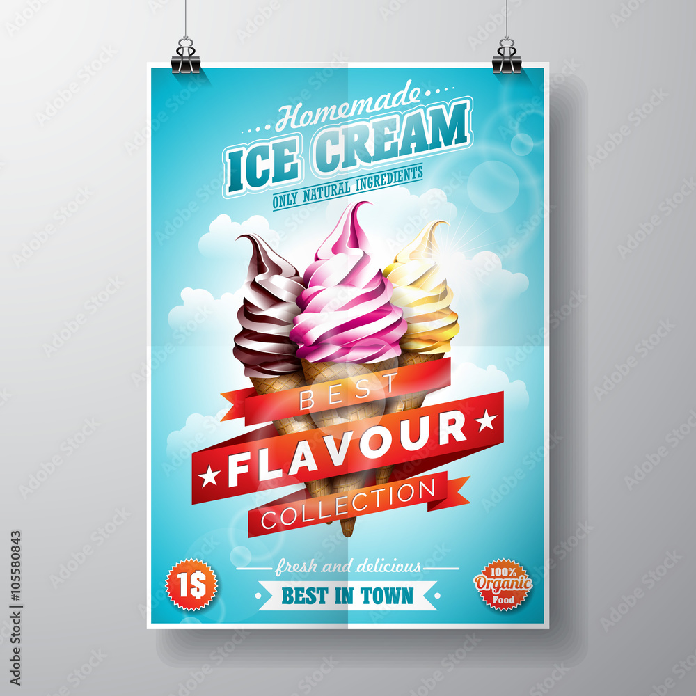 Vector delicious Ice Cream Flyer Design on sky background. Stock Vector ...