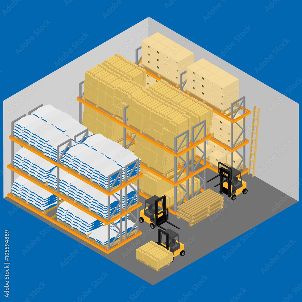 Vector illustration. The warehouse inside. Boxes, bags on the shelves ...