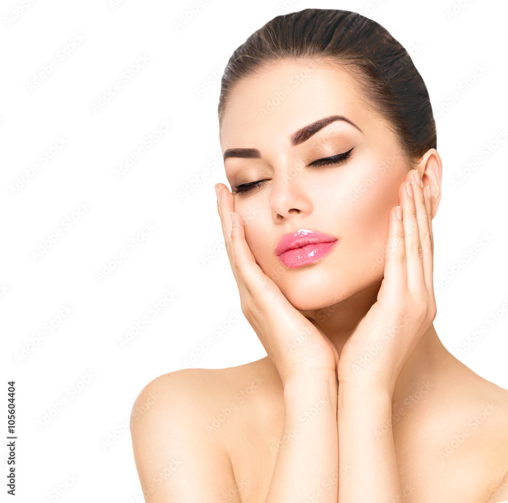 Beauty portrait. Beautiful spa woman touching her face Stock Photo ...