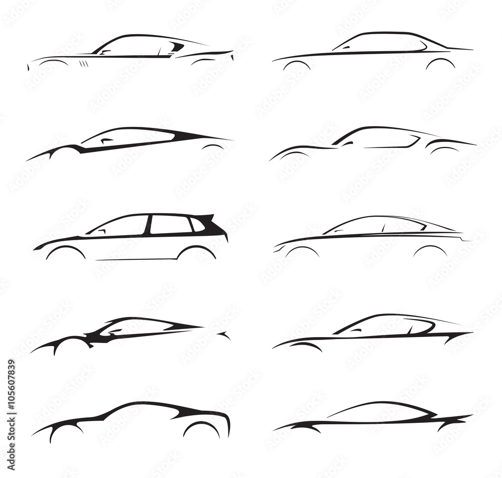 Concept supercar, sports car and sedan motor vehicle silhouette ...