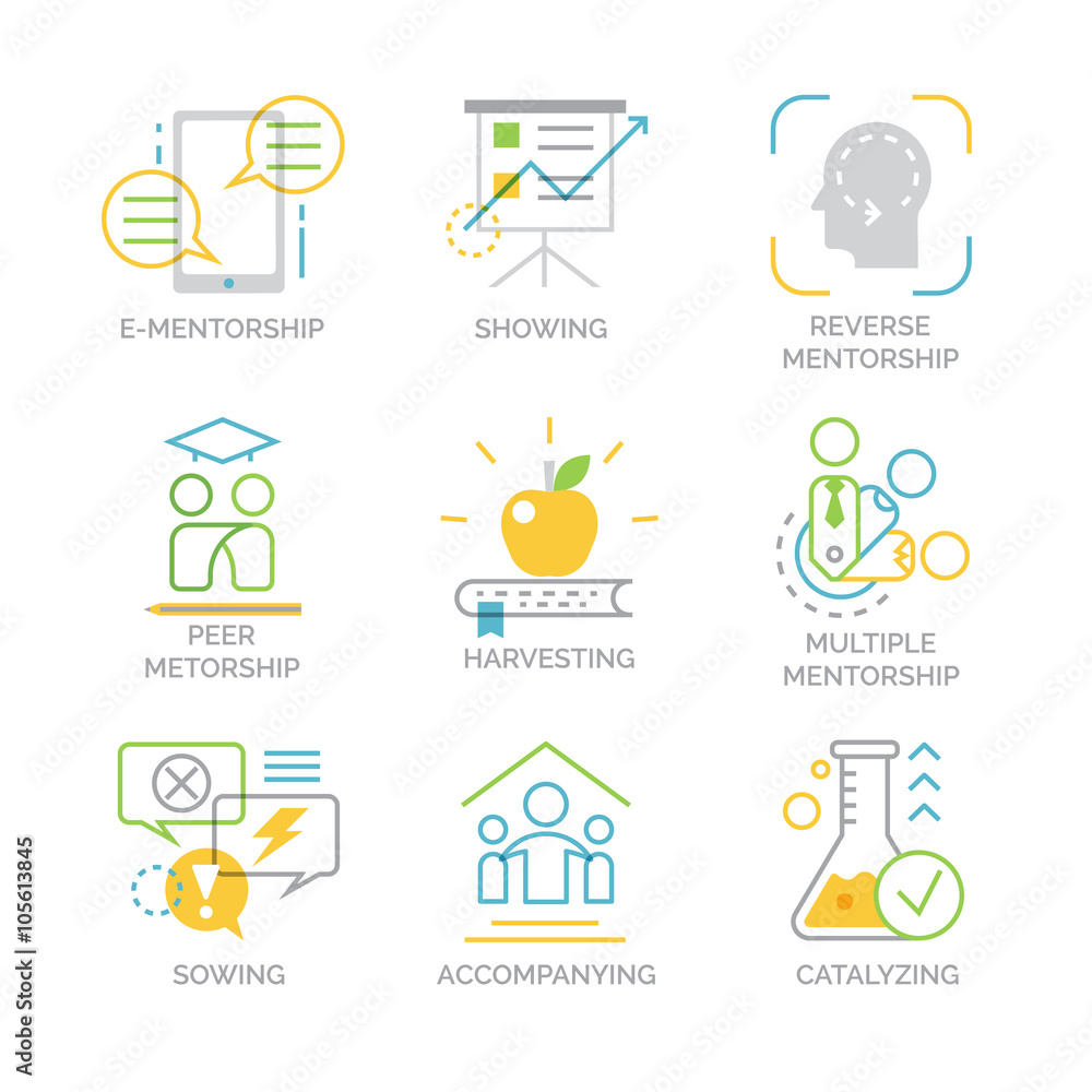 Vector set icons related to types and techniques of mentorship. Stock ...