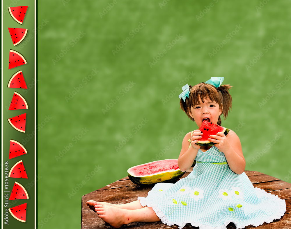 Fun background with watermelon side border and little girl wearing ...