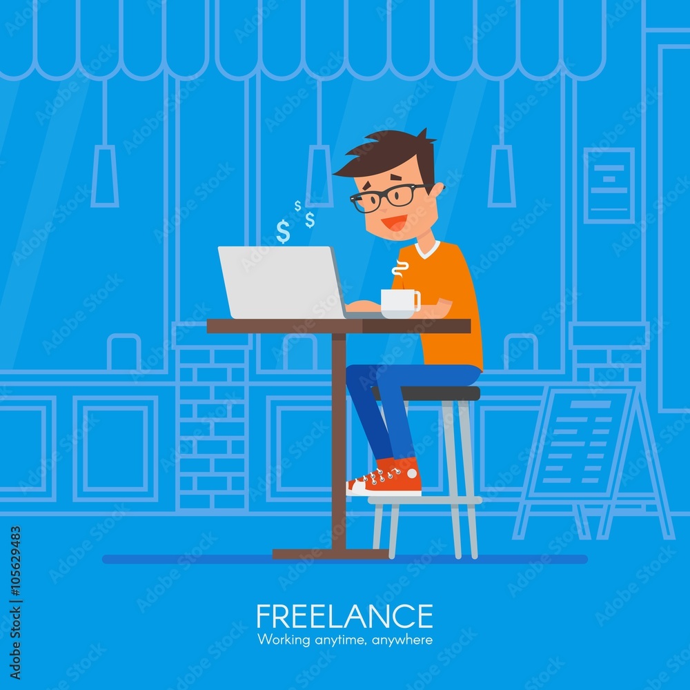Male freelancer working remotely from his desk. Vector illustration in ...