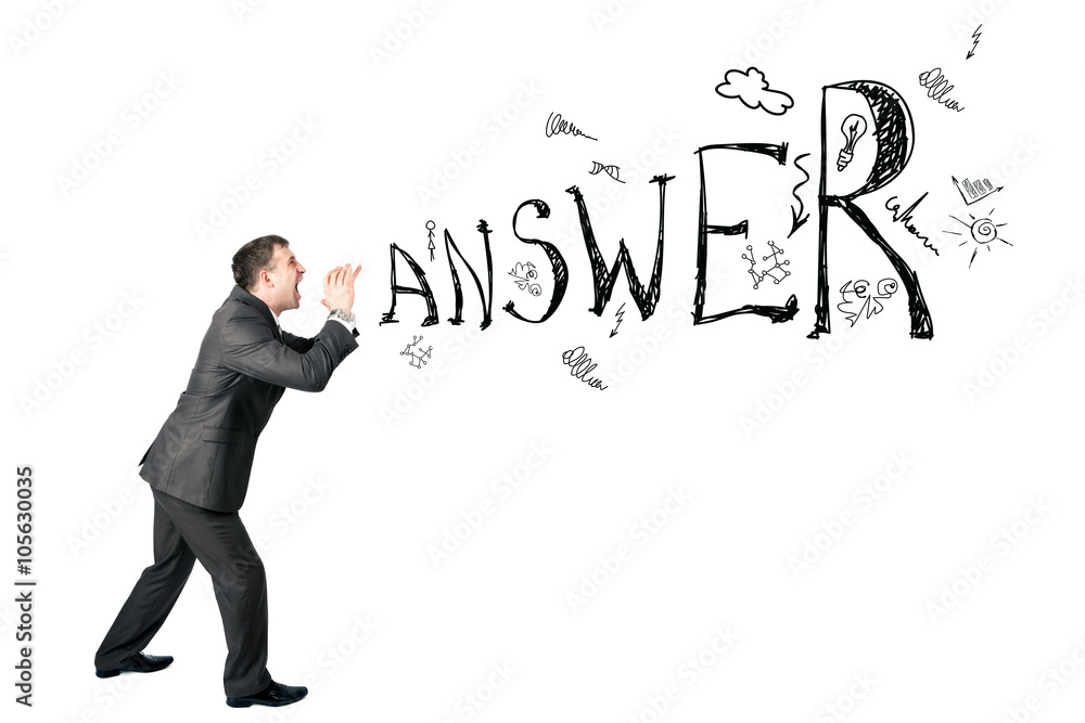 Businessman shouting word answer Stock Photo | Adobe Stock