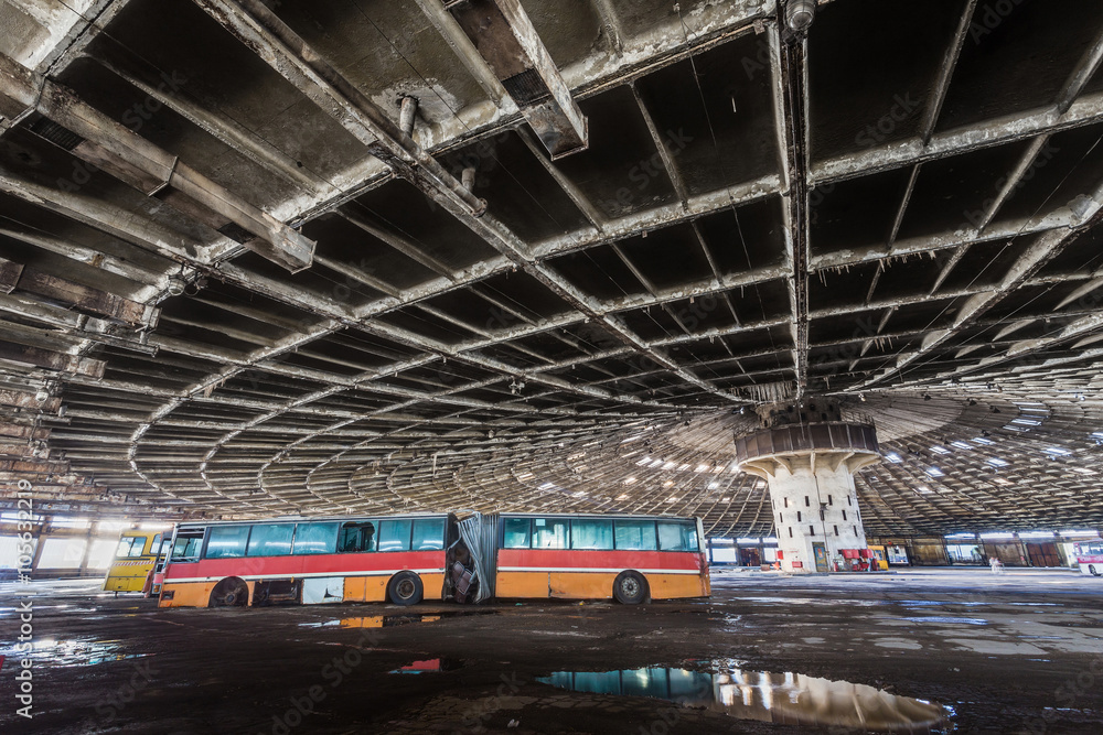 Colored buses in abandoned bus depot Stock Photo | Adobe Stock
