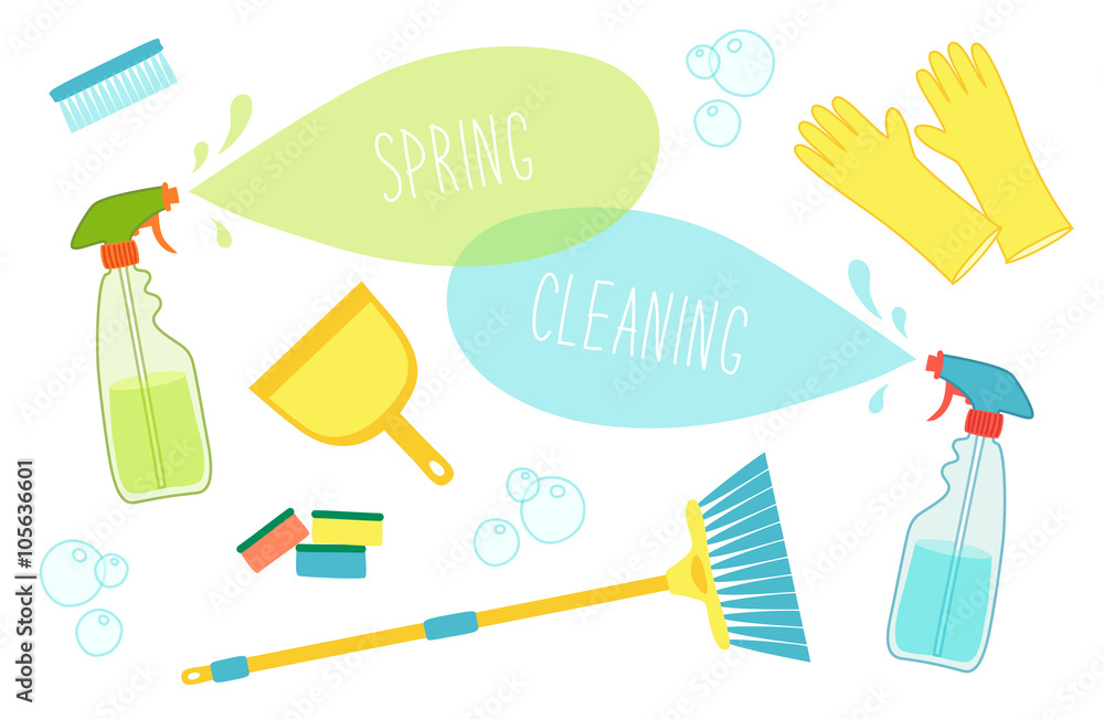 Cute vivid spring cleaning background with hand written text Stock ...