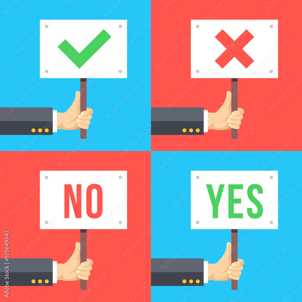 Set of hands holding different signs. Flat vector illustration Stock ...