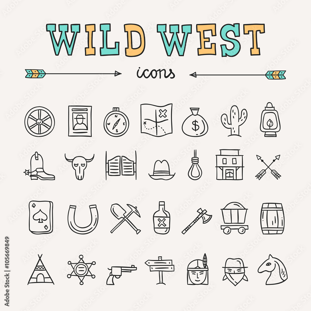 Outline wild west icons. Hand drawn wild west doodles Stock Vector ...