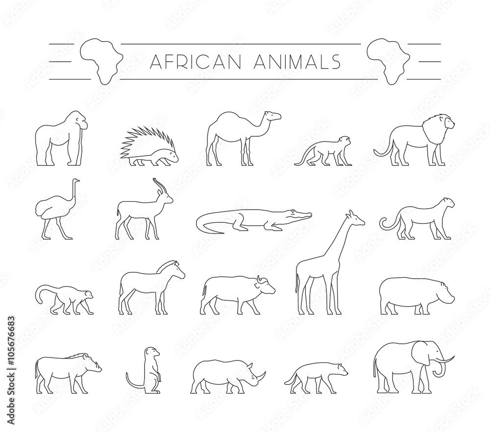 Vector set of outline African animals. Stock-Vektorgrafik | Adobe Stock