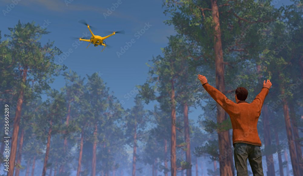 Male figure in a forest setting waving to a UAV drone. Fictitious UAV ...