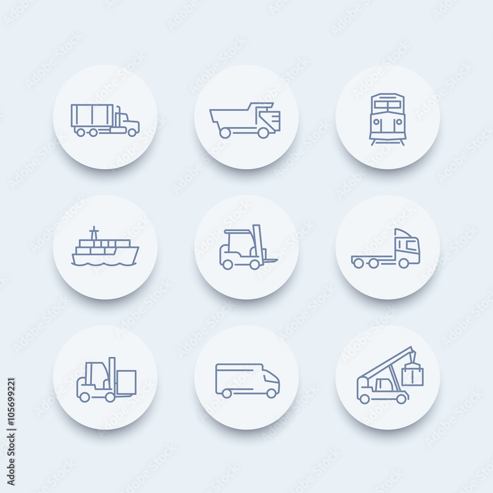 Transportation line icons, forklift, cargo ship, freight train, cargo ...