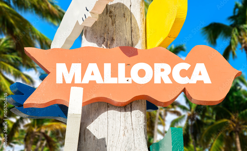 Mallorca signpost with palm trees Stock Photo | Adobe Stock