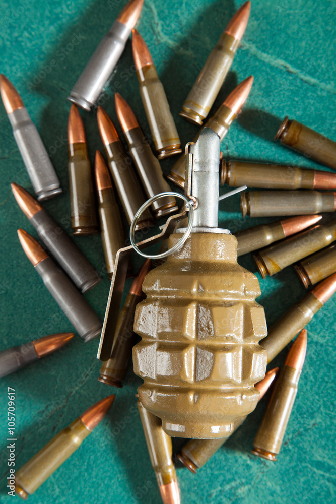Soviet hand grenade of WW2,standart rifle cartridges Stock Photo ...
