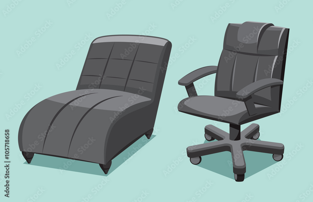 Collection types seating. Leather office chair and lounger. Cartoon ...