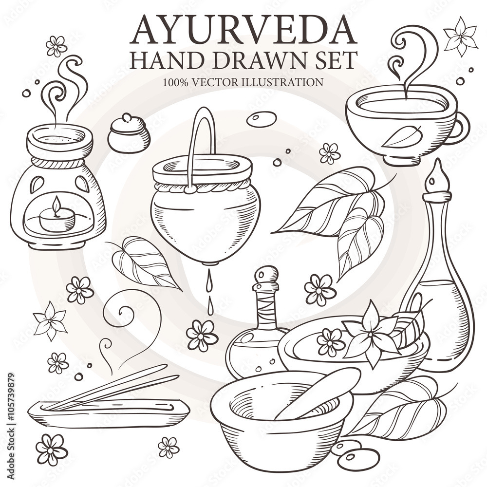 Ayurveda medicine, aromatherapy candle, water, bowl, oil, tea, bottle ...