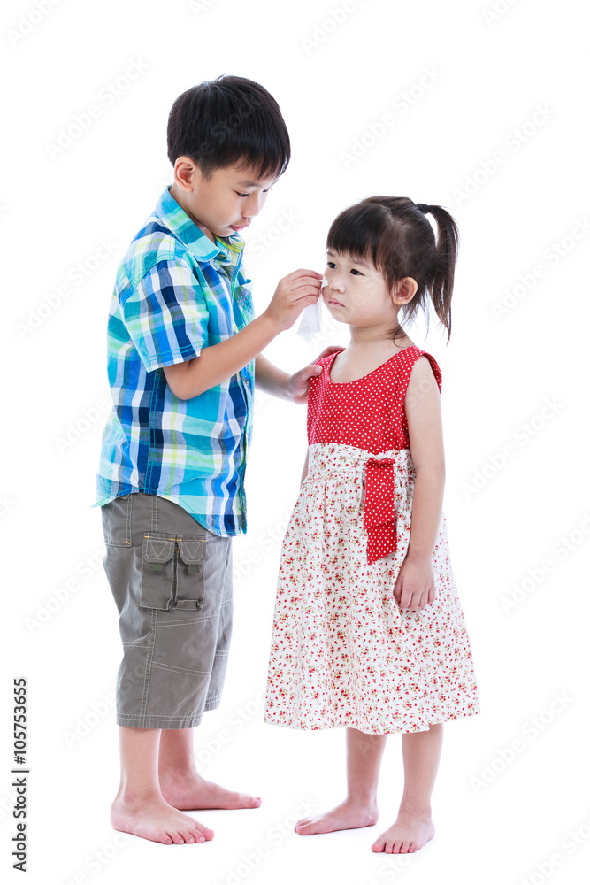 Full body. Elder brother is comforting his crying sister. Isolated on ...