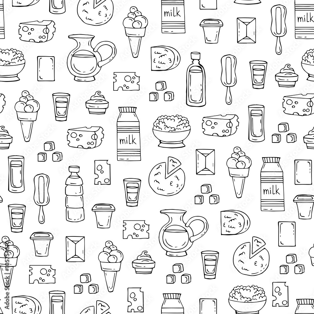 Vector Seamless Pattern With Hand Drawn Isolated Dairy Products Milk On
